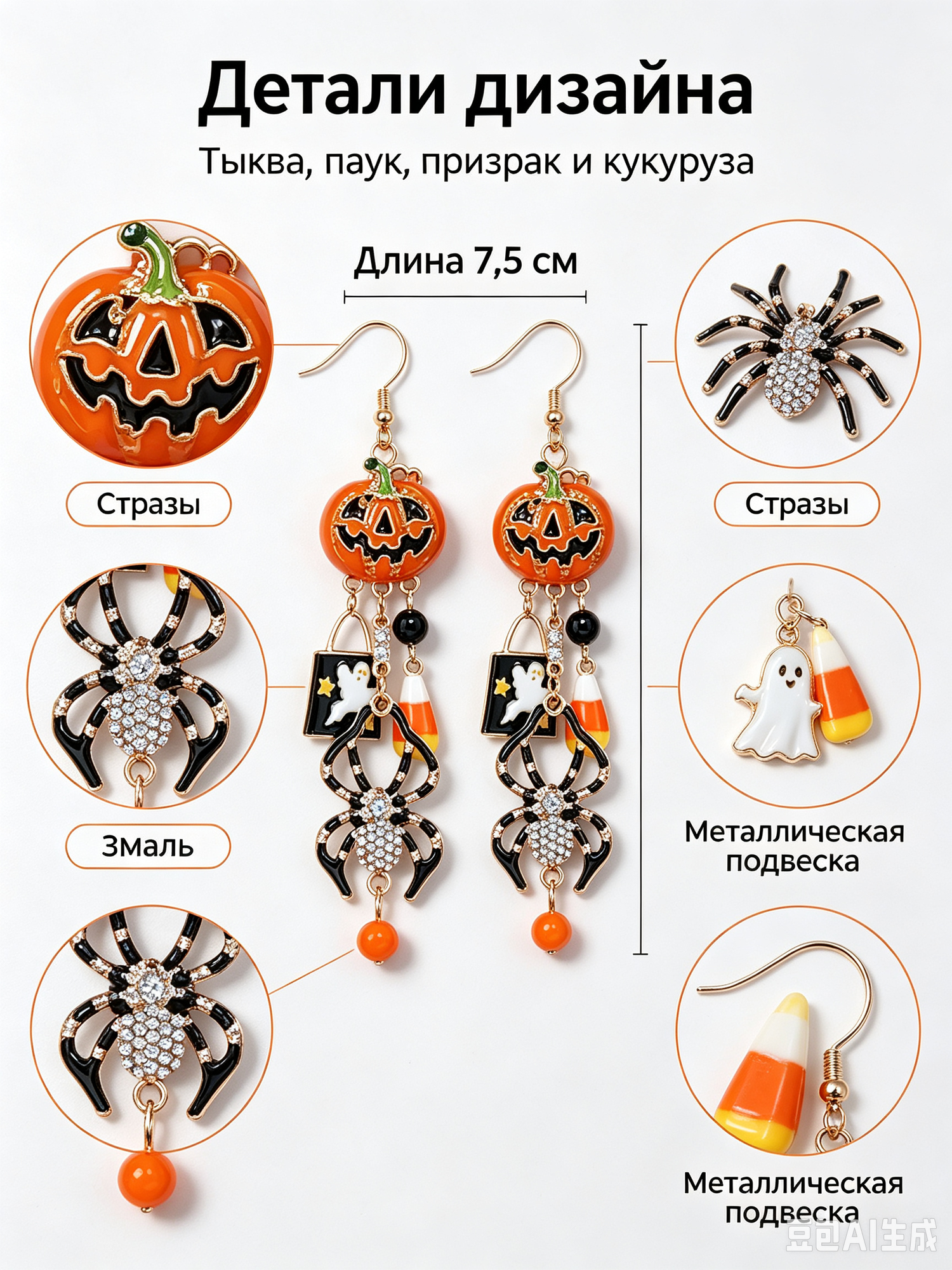 Серьги на Хэллоуин из сплава, подвески тыква и паук со стразами, длина 7,5 см, праздничные украшения для женщин