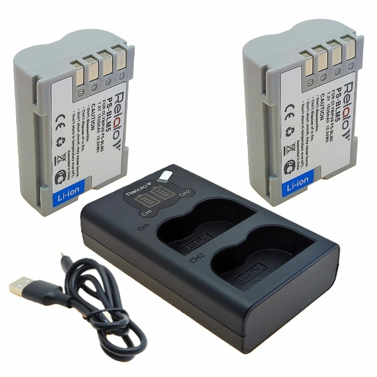 Аккумулятор Relato PS-BLM5/ PS-BLM1 (2 шт) в комплекте с З/У Relato CH-P1640U/ ENEL3 Dual для фотокамер Olympus