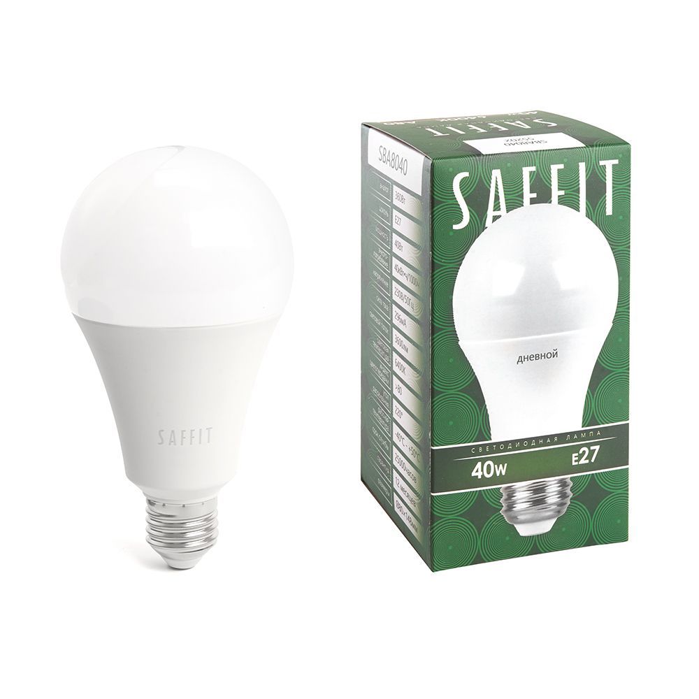 Лампа светодиодная Е27 40W 6400K дневной белый свет 10 шт Saffit SBA8040 55202