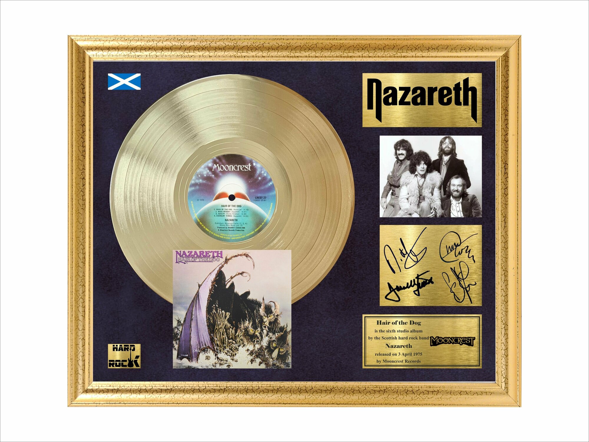 Золотой диск Nazareth hair of the dog с автографом в рамке