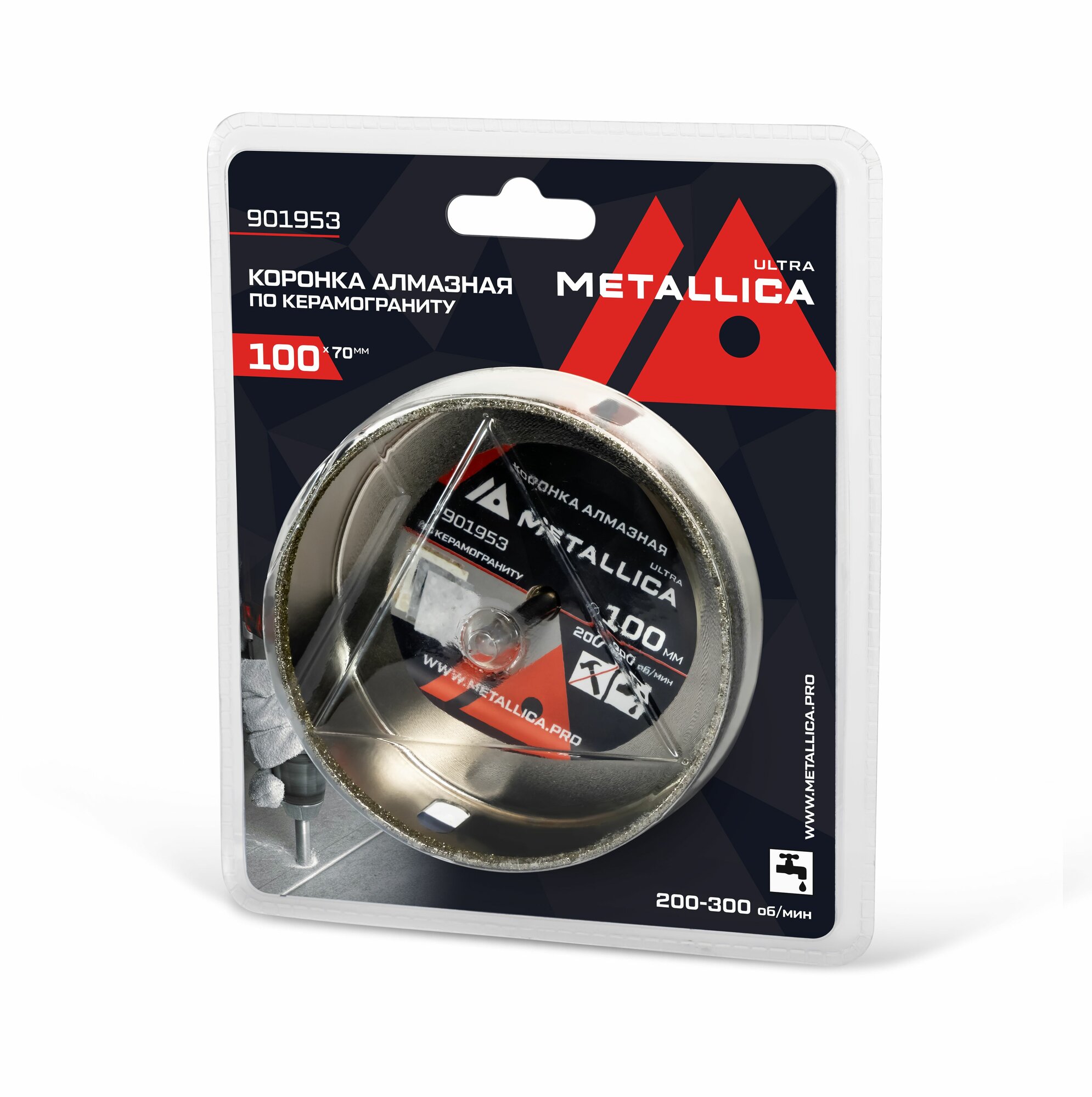 Коронка алмазная METALLICA Ultra 100х70 мм, #46, с сверлом, по керамограниту, плитке, в блистере.