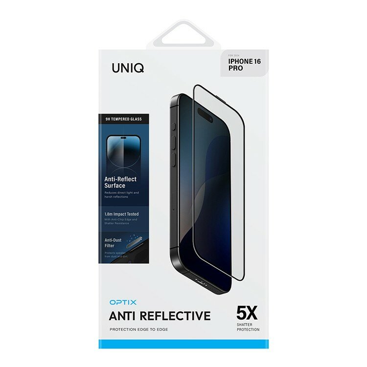 Uniq стекло для iPhone 16 Pro, OPTIX Anti-Reflective Clear/Black (+installer)