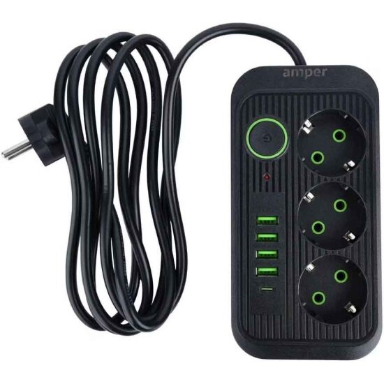 Сетевой удлинитель с USB Amper JH-1074U-4B 3 розетки, 4usb, 1Type-C, 2500 Вт, 10А, 4,0м, 3*0,75мм, черный.