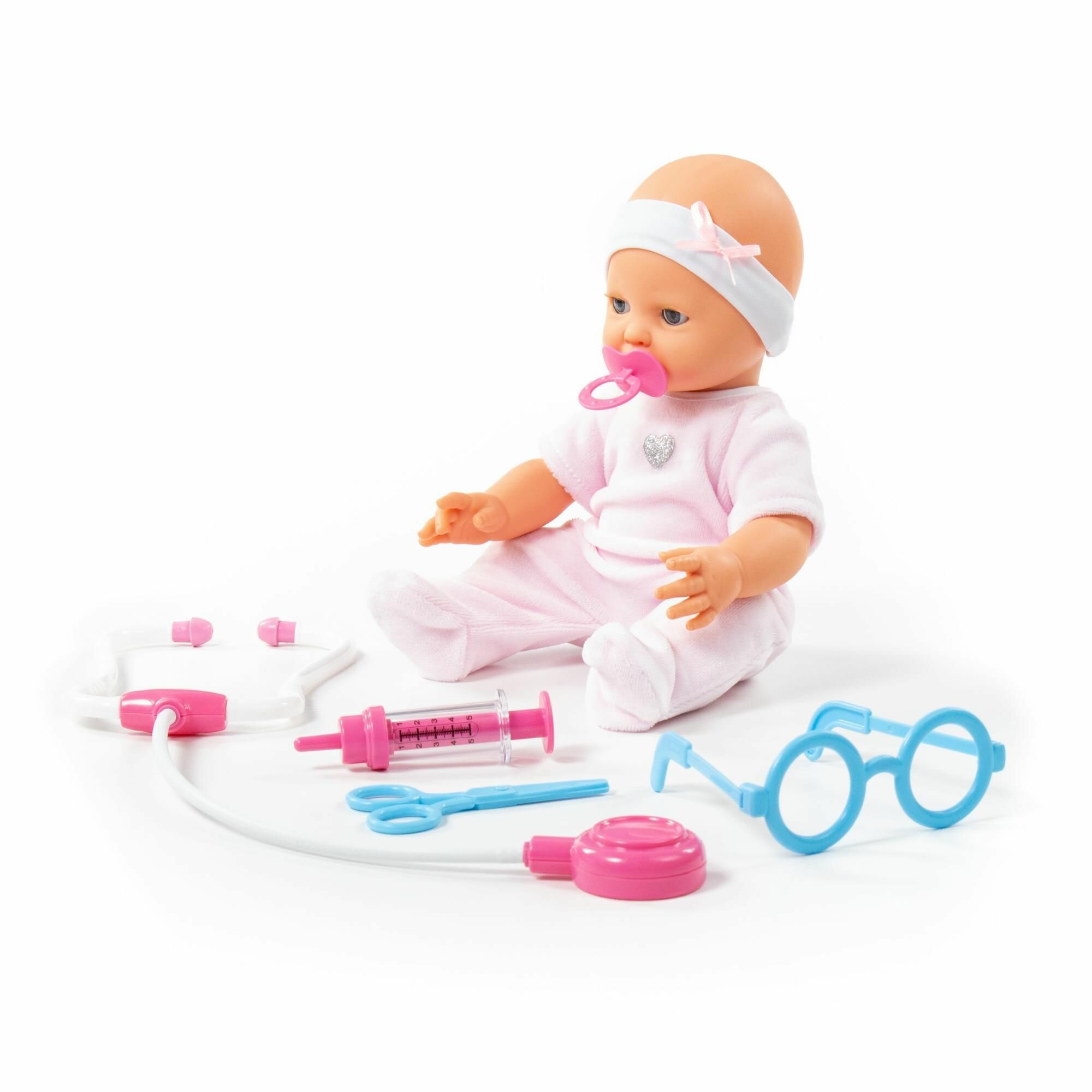 Пупс "Забавный" (35 см) с соской + набор "Доктор" (4 элемента) (в коробке)