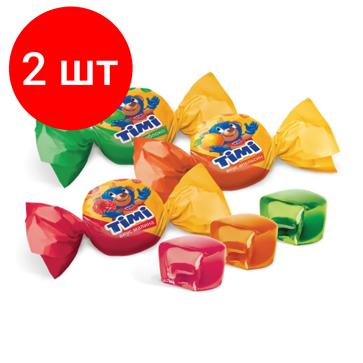Комплект 2 шт, Конфеты желейные TIMI "Mix" со вкусами яблока, апельсина и малины, 1000 г, пакет, 15880