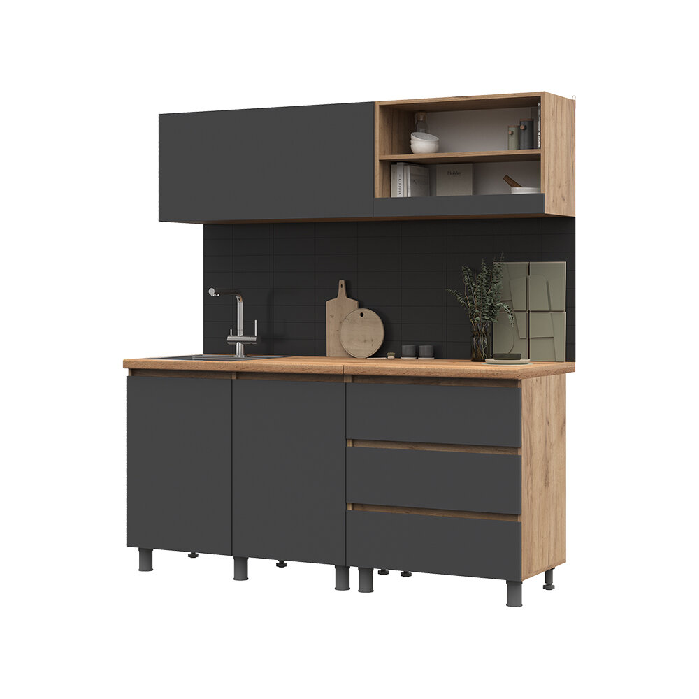 Кухня прямая со столешницей деревянная Хелен 1,7 170,0х190,0х60,0 см, серый/вотан