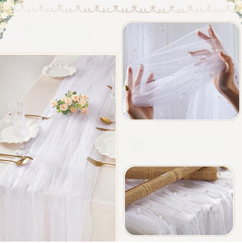 Настольный флаг "Жемчужный тюль", белая пряжа и белый бисер, 160 см x 2 м