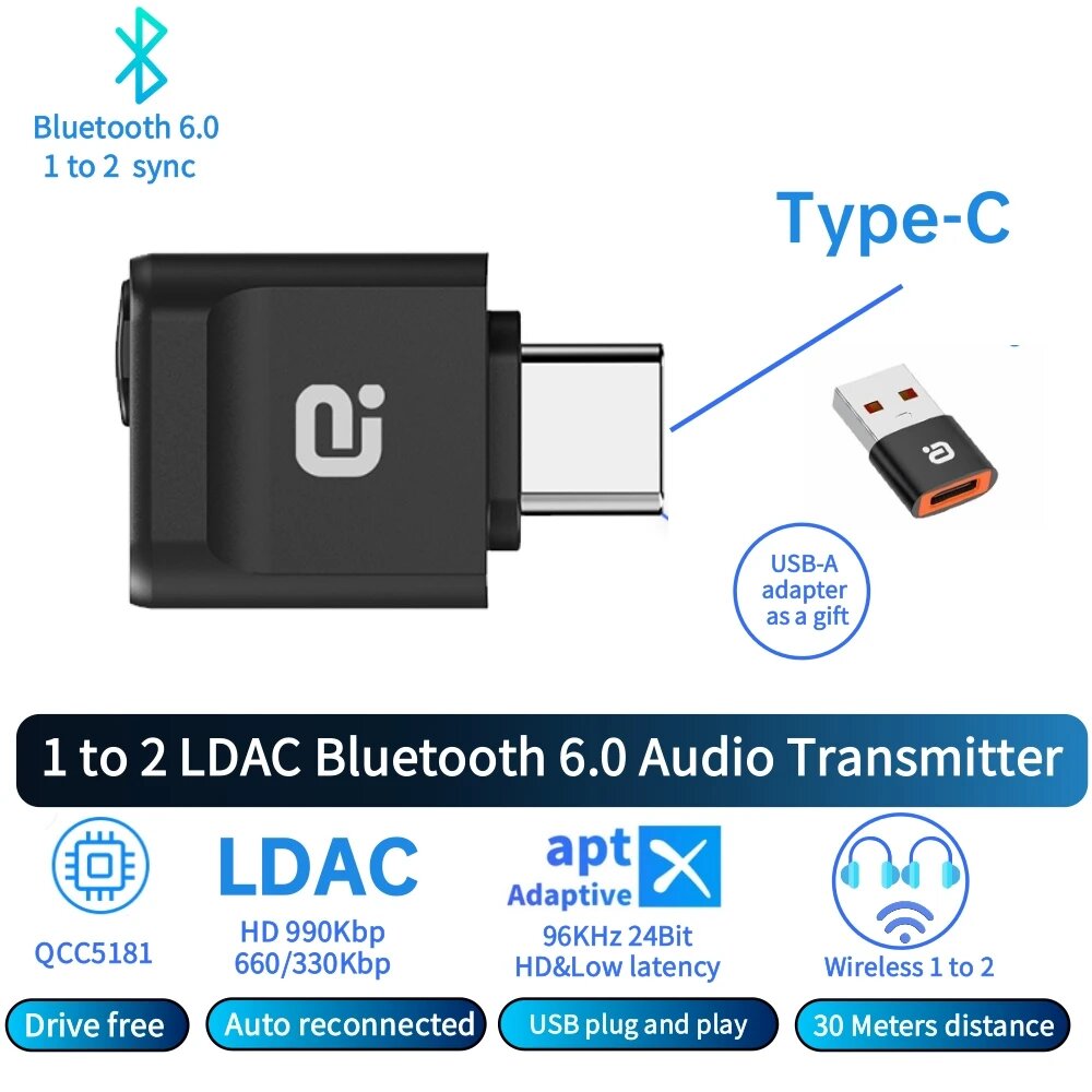 AYINO Bluetooth 6.0 Аудиопередатчик 1to2, LDAC, Type-C, MR286 USB A