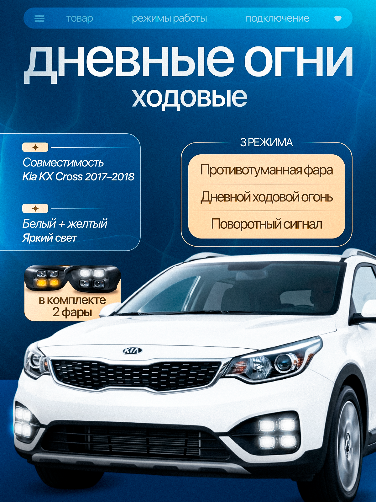 Дневные ходовые огни, для Kia, KX Cross, LED, 5 проводов, 2шт