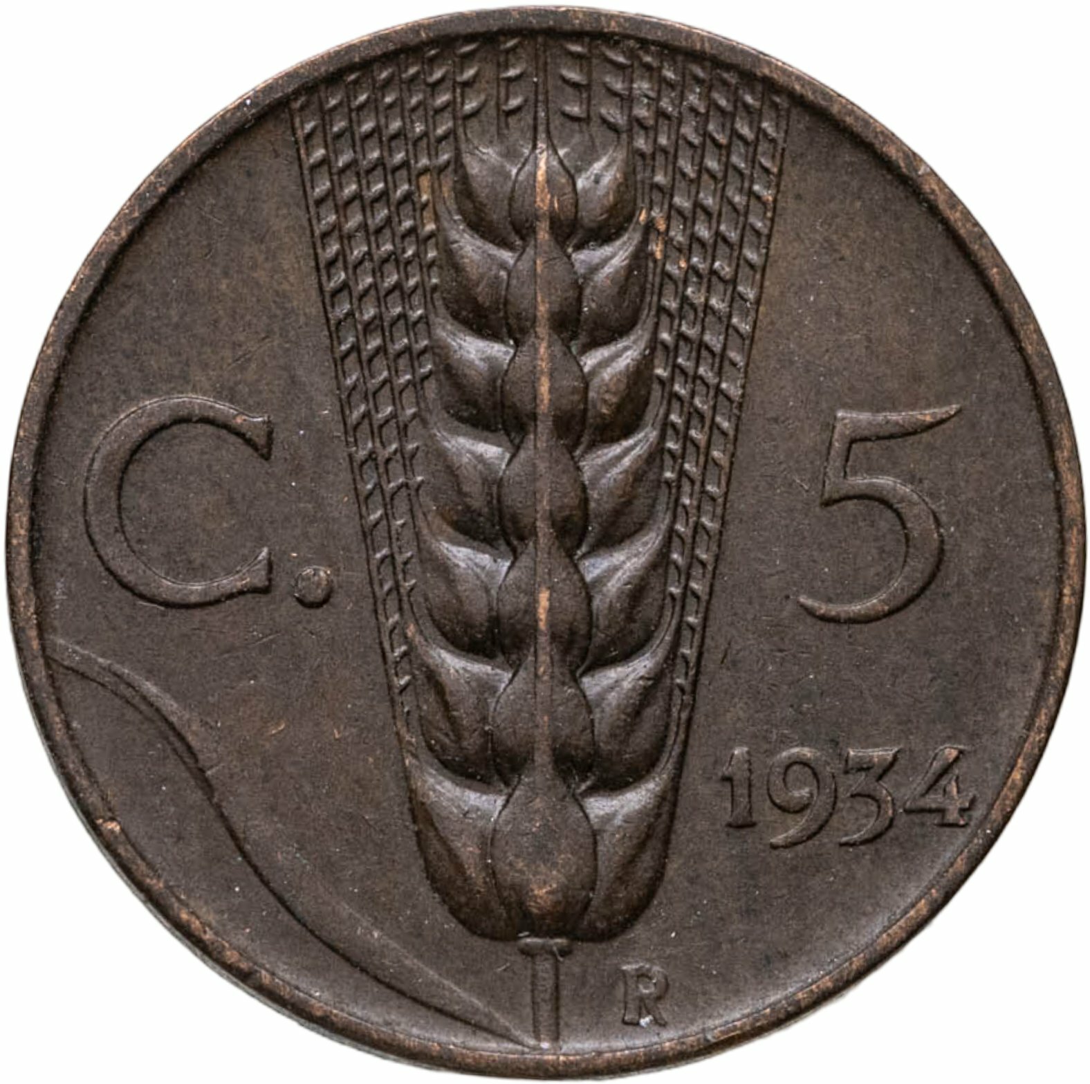 Италия 5 чентезимо centesimi 1934, Медь, в сохранности XF-AU