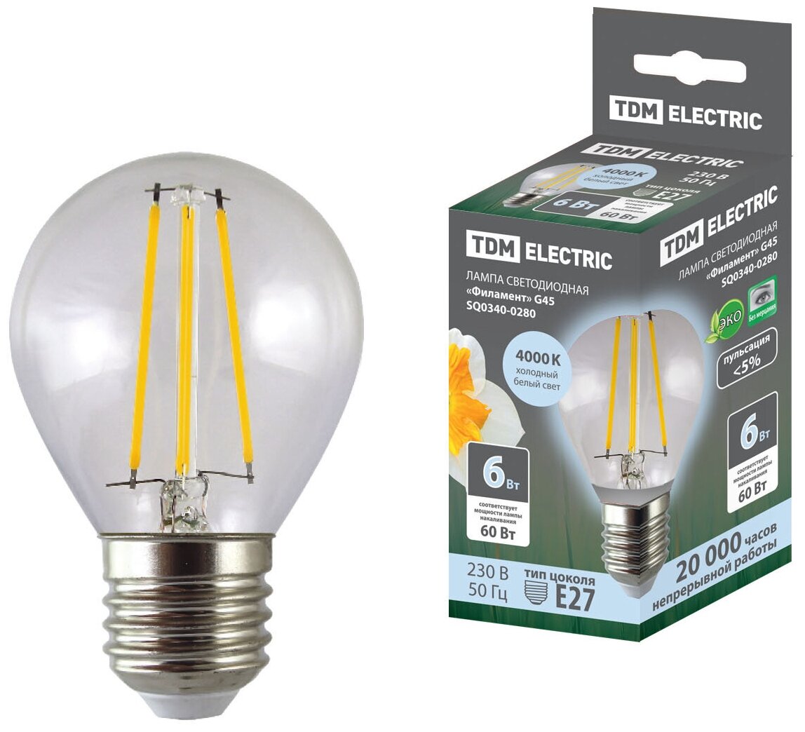 Лампа светодиодная "Филамент" G45-6 Вт-230 В-4000 К–E27 TDM