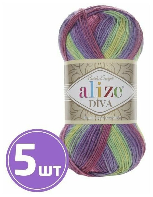 Пряжа для вязания крючком, спицами Alize Ализе Diva batik design, тонкая, микрофибра 100%, цвет 3241, мультиколор, 5 шт. по 100 г, 350 м