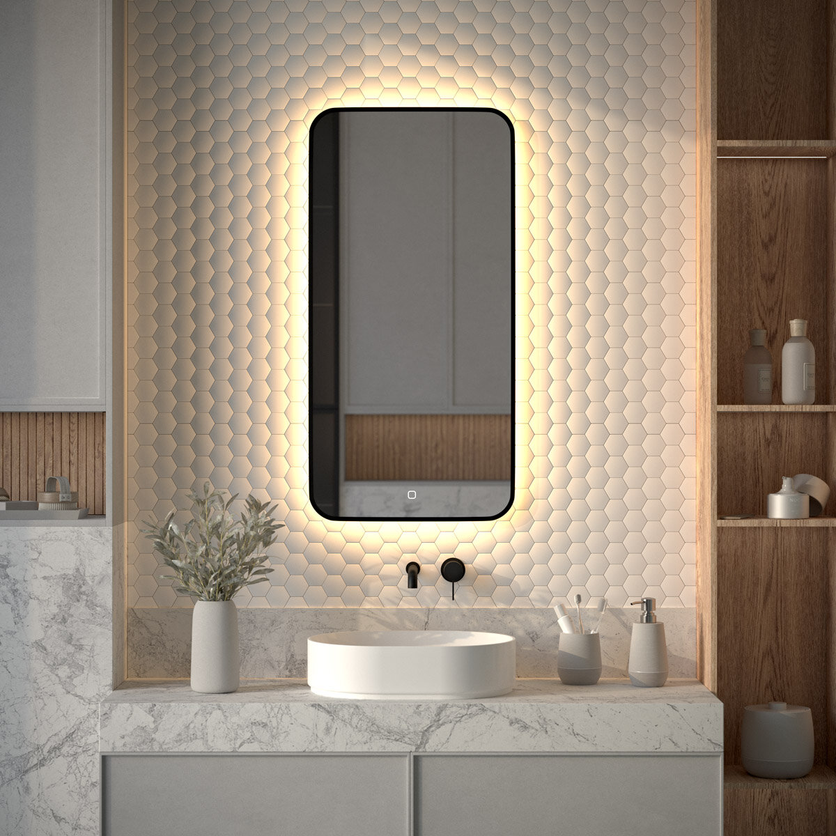 Зеркало с окантовкой и LED-подсветкой настенное AURA DEFESTO 50x100 см (Сенсорный выключатель), для гостиной, прихожей, спальни, кабинета и ванной комнаты, DF 2975S