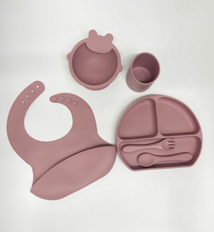 Набор детской посуды для кормления силиконовый тёмно-розовый