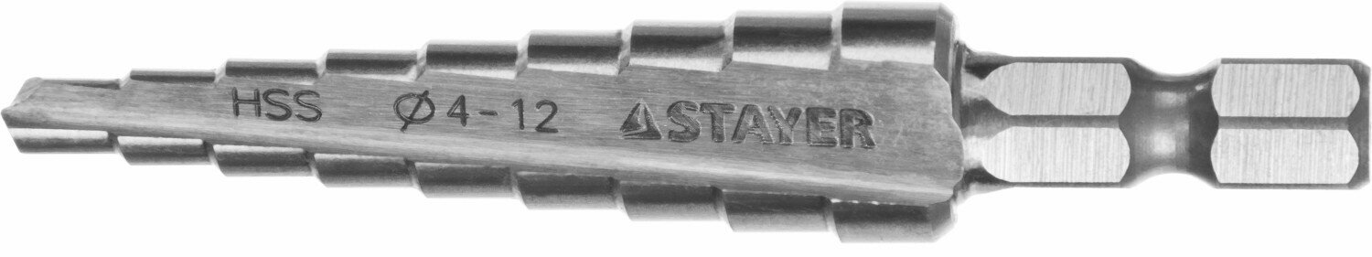 Ступенчатое сверло STAYER, 4-12 мм, сталь HSS, 9 ступеней