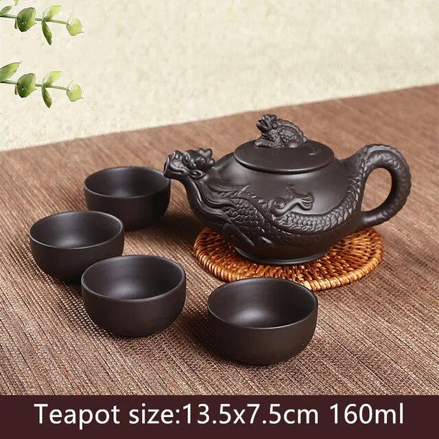 Чайный набор "Дракон" из 1 чайника (160 мл) и 4 чашек, ручная работа из Исинской фиолетовой глины
