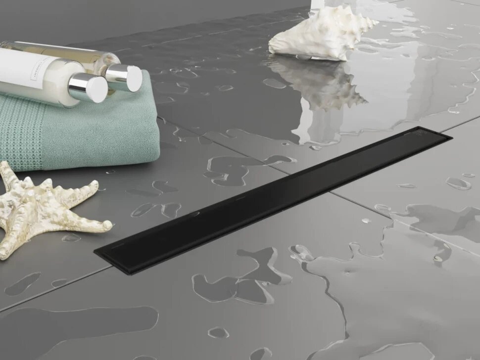 Душевой трап (лоток) Plumberia Selection Linear PSL90NO 90 см, с решеткой, 2 в 1 под плитку, черный матовый