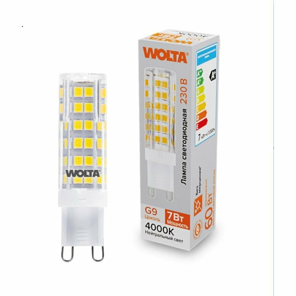 Светодиодная лампа Wolta капсульная 7Вт, 4000К Дневной свет, напряжение 175-250В, цоколь G9, материал корпуса - керамика, форма кукуруза WSTD-JCD-7W4KG9-C