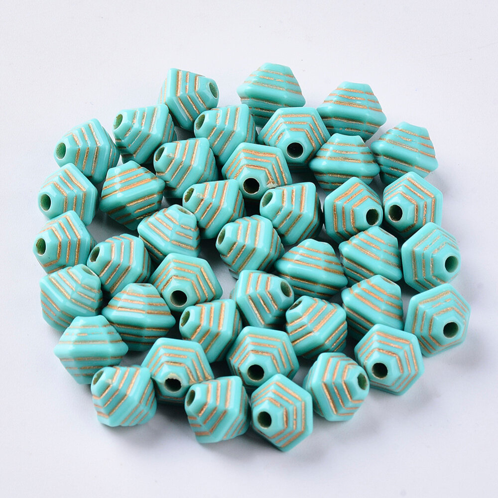 Бусины акриловые, 10х10мм, биконусы гранёные, цвет бирюзовый с золотым, 30 грамм