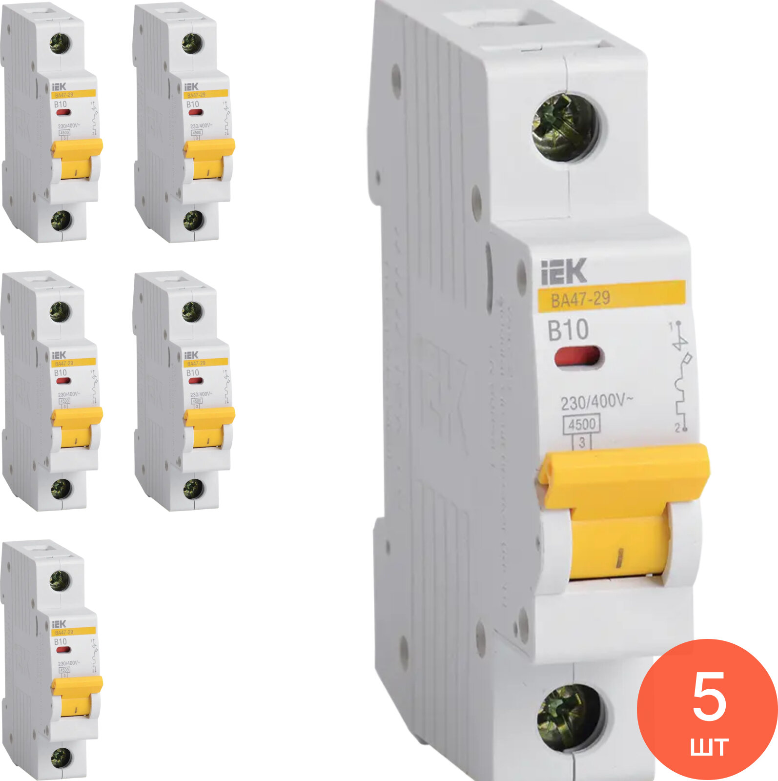 Автоматический выключатель IEK / ИЭК ВА47-29, 1Р 10А характеристика B 4.5кА, MVA20-1-010-B / электроавтомат (комплект из 5 шт)