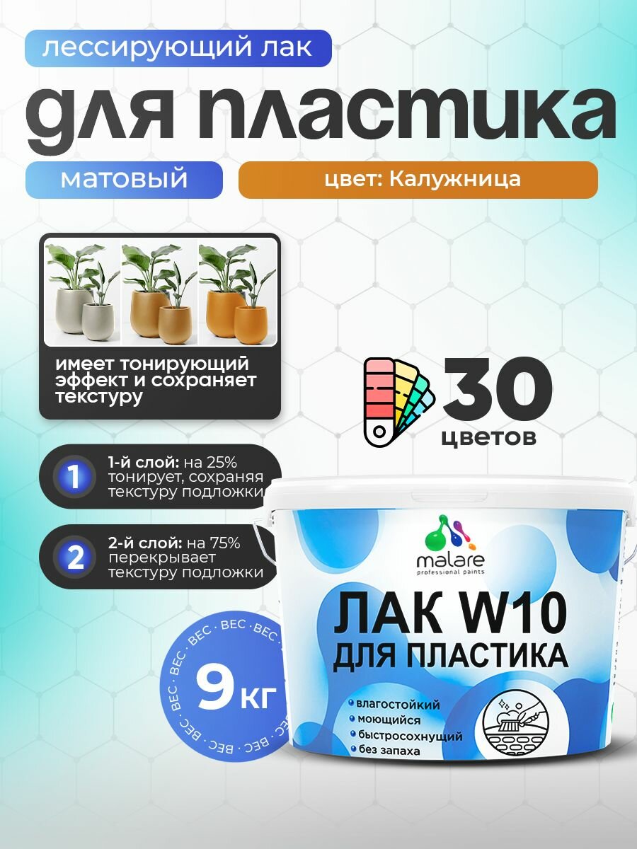 Лак колерованный тонирующий для защиты пластика Malare W10 акриловый моющийся быстросохнущий, матовый, калужница, 9 кг.