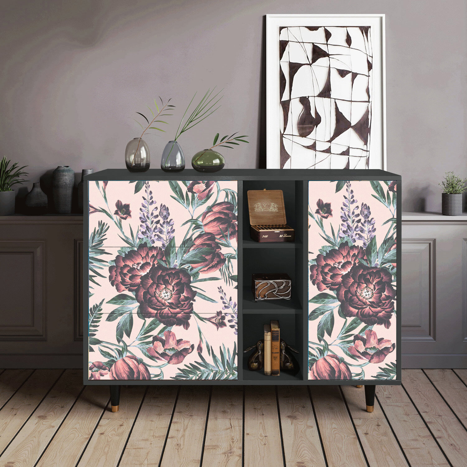 Комод - STORYZ - BS2 Peach Peonies, Разер - 125 x 97 x 48 см , Цвет корпуса - Антрацит