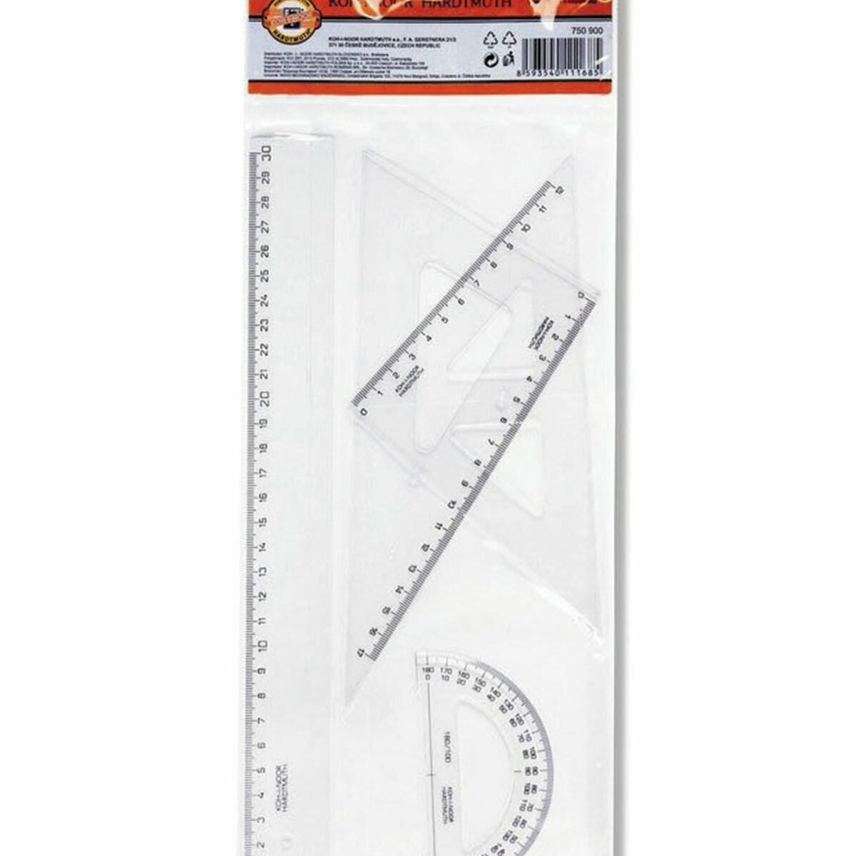 Набор чертежный средний Koh-I-Noor (линейка 30см, 2 треугольника, транспортир), прозрачный (75090000000)