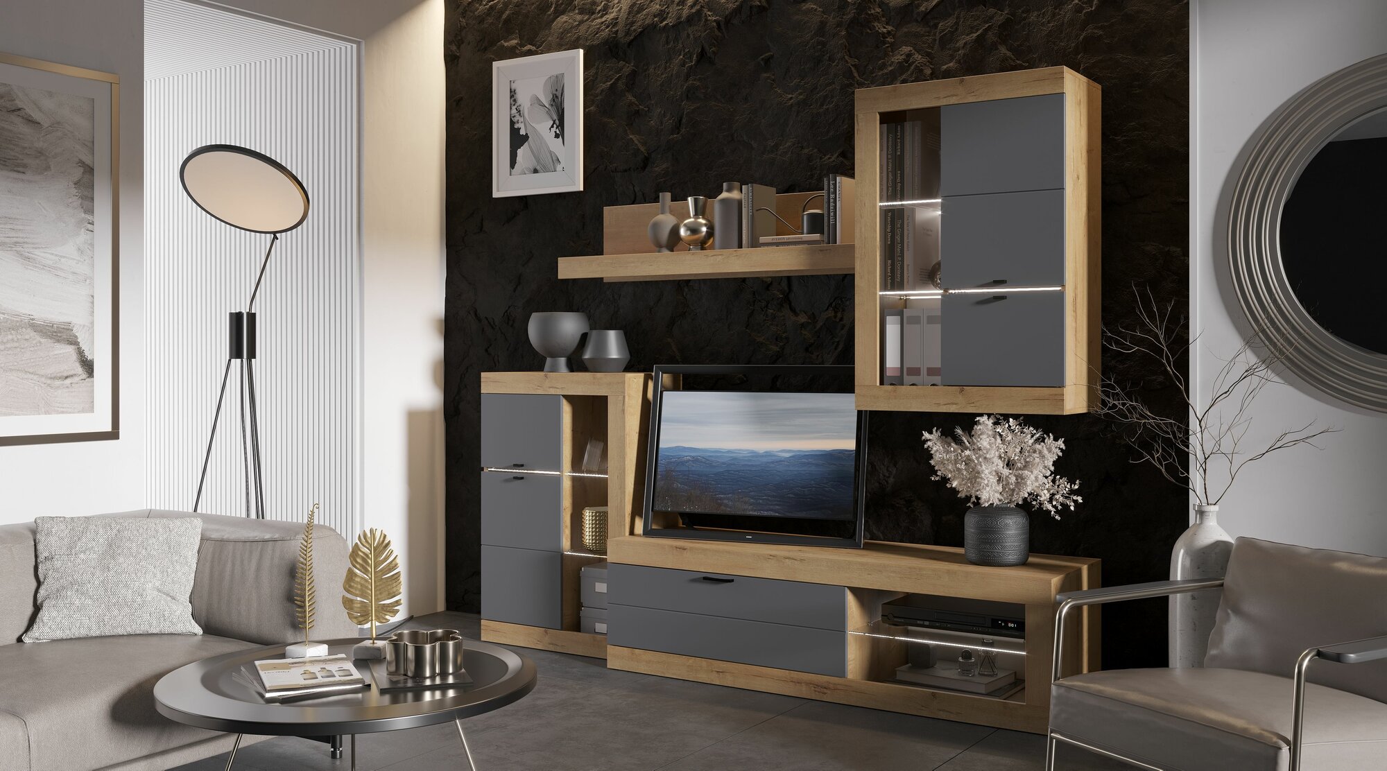 Комплект мебели для гостиной Прага с подсветкой (комп 12) Дуб Вотан/Графит Софт