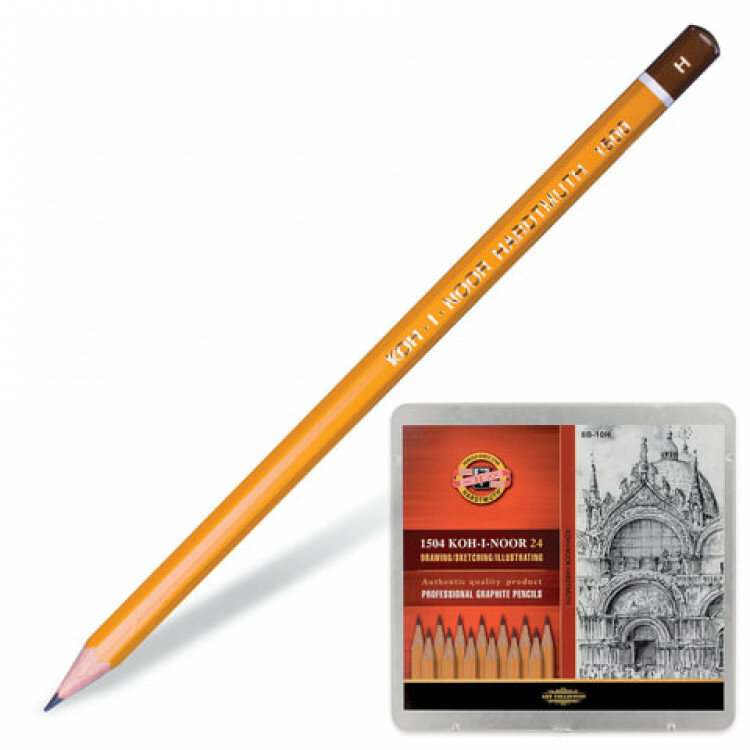 Карандаши чернографитные KOH-I-NOOR 1500, набор 24 шт, 8В-10H, без резинки, металлическая коробка, 1504024001PL