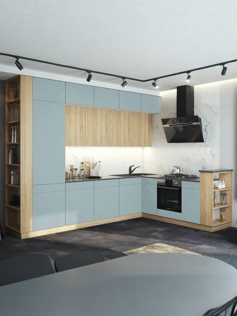 Кухонный гарнитур угловой Техно-5 3,2х2,4м браш деним блю/дуб сонома/корпус белый со столешницей миф