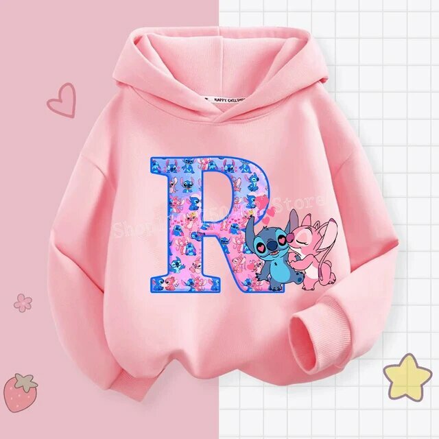 Толстовка с капюшоном Stitch Angel Letter AZ для девочек, свитшот в стиле аниме Disney, детский зимний утепленный пуловер, детская одежда, подарок, Размер:150