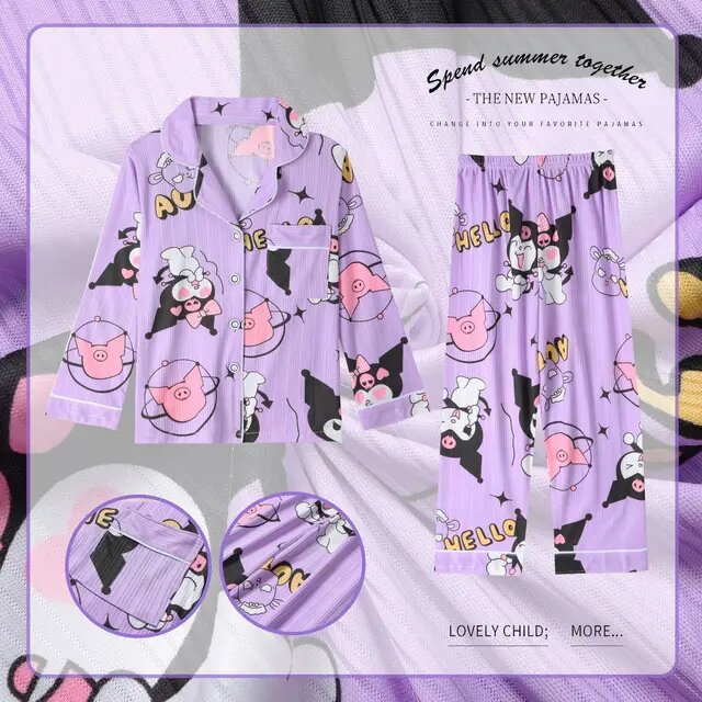 Детская пижама Sanrios Cinnamon Dog Kuromi My Melody, повседневная, весенняя, для дома, с длинными рукавами и воротником, кардиган, пижамные штаны для девочек, Размер:14 Рост 130-140см