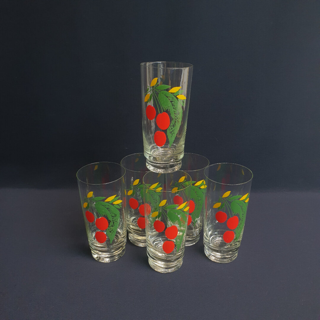 Набор стаканов 6 шт, стекло, деколь, 300 мл. Винтаж, СССР.