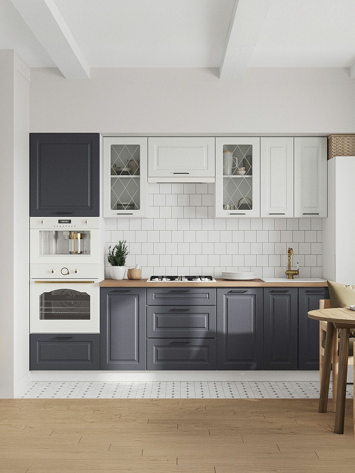 Кухонный гарнитур Шервуд 2.6 м, мебель для дома и кухни, Белый / Арктик со стеклом / Шато индиго