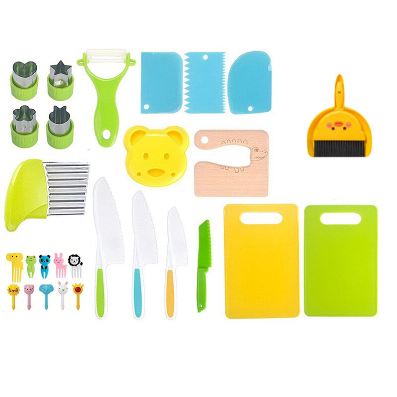 Набор детских ножей, нескользящая разделочная доска, нож для раннего развития, пластиковый набор фруктовых ножей для малышей, игрушечный деревянный нож