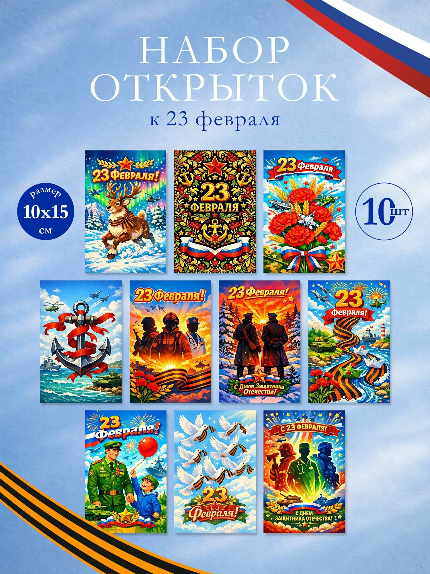 Открытки 23 февраля, 10 шт