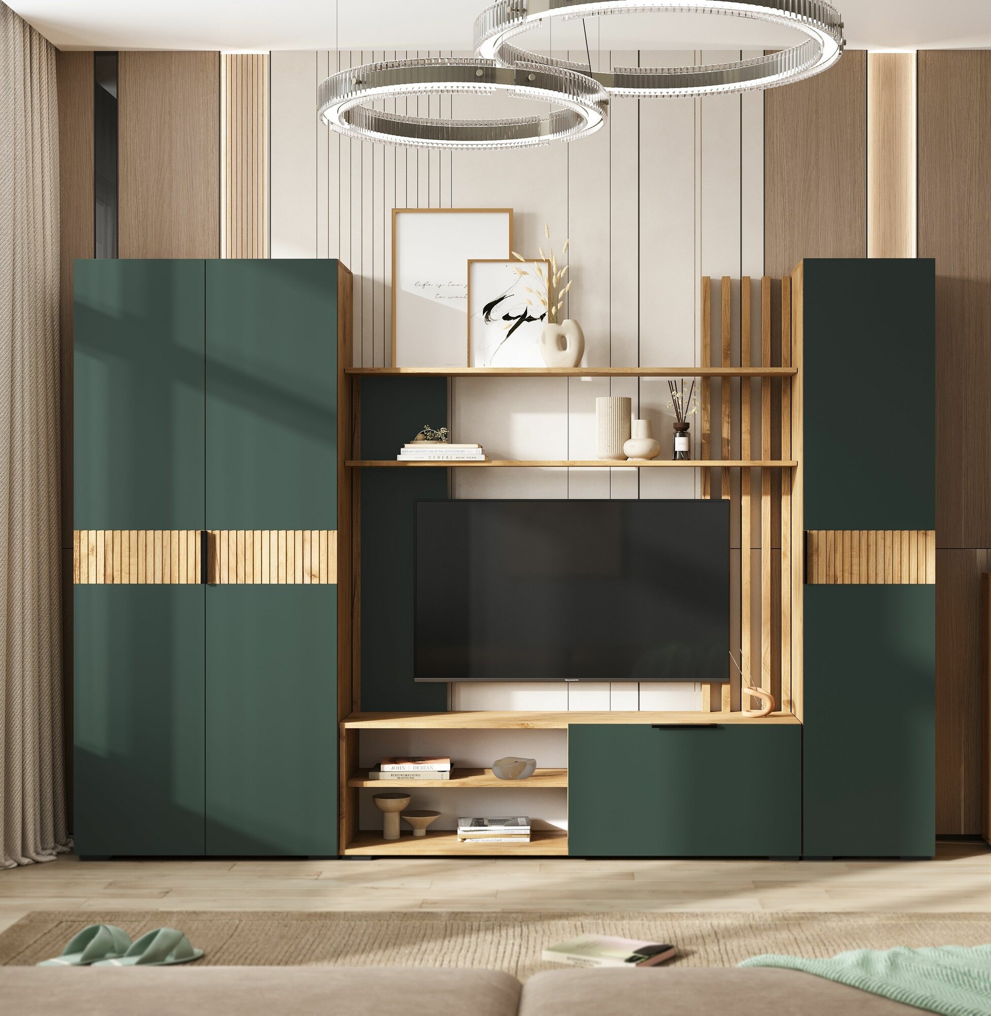 Стенка в гостиную под телевизор Роджина, мебель со шкафом и секциями для хранения, 260х35х182.6 см, Дуб крафт/Изумрудный