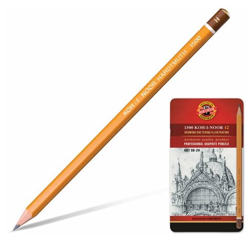 Карандаши чернографитные KOH-I-NOOR, набор 12 шт, "Art", 8В-2H, без резинки, металлическая коробка, 1502012008PL