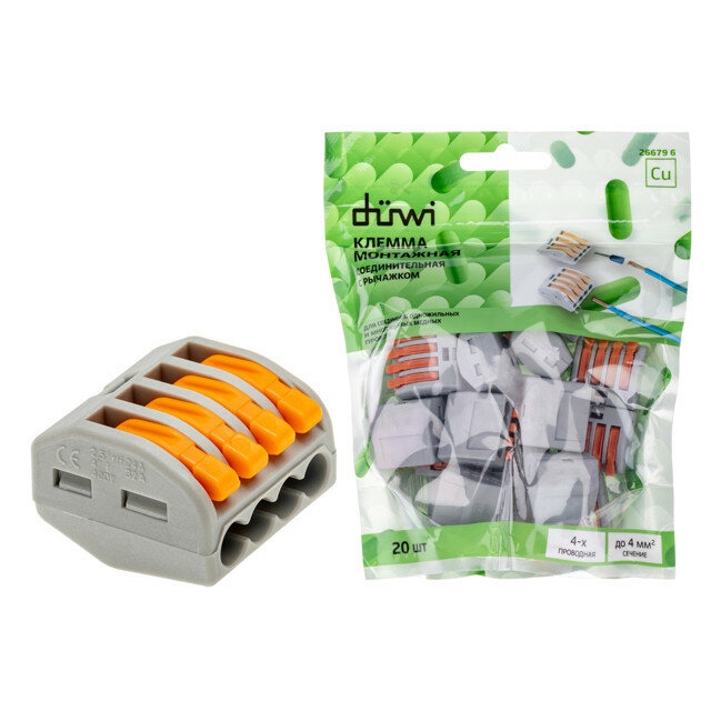 Клемма рычажковая DUWI 4-проводная СМК 222-414 4 кв. мм 20шт серая