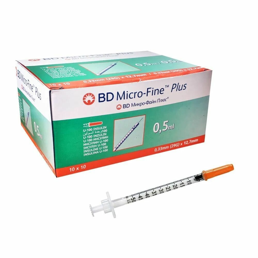 Шприц инсулиновый BD Micro-Fine Plus U-100 трехкомпонентный 0,5 мл 29G (0,33 мм х 12,7 мм) , 100 шт.