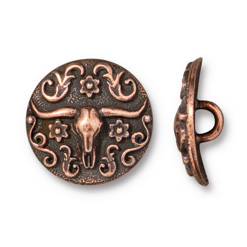 Пуговица 16.3х6.6мм, TierraCast, на ножке, Череп буйвола, базовый материал - оловянный сплав, медная с чернением, 1 шт.
