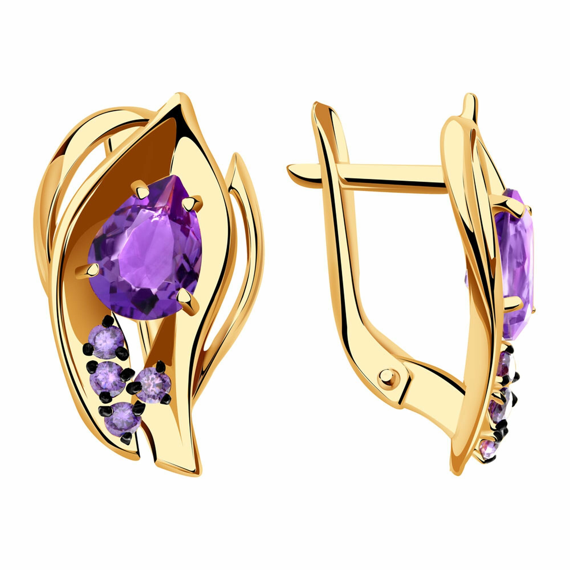 Серьги, красное золото, 585 проба, фианит, аметист