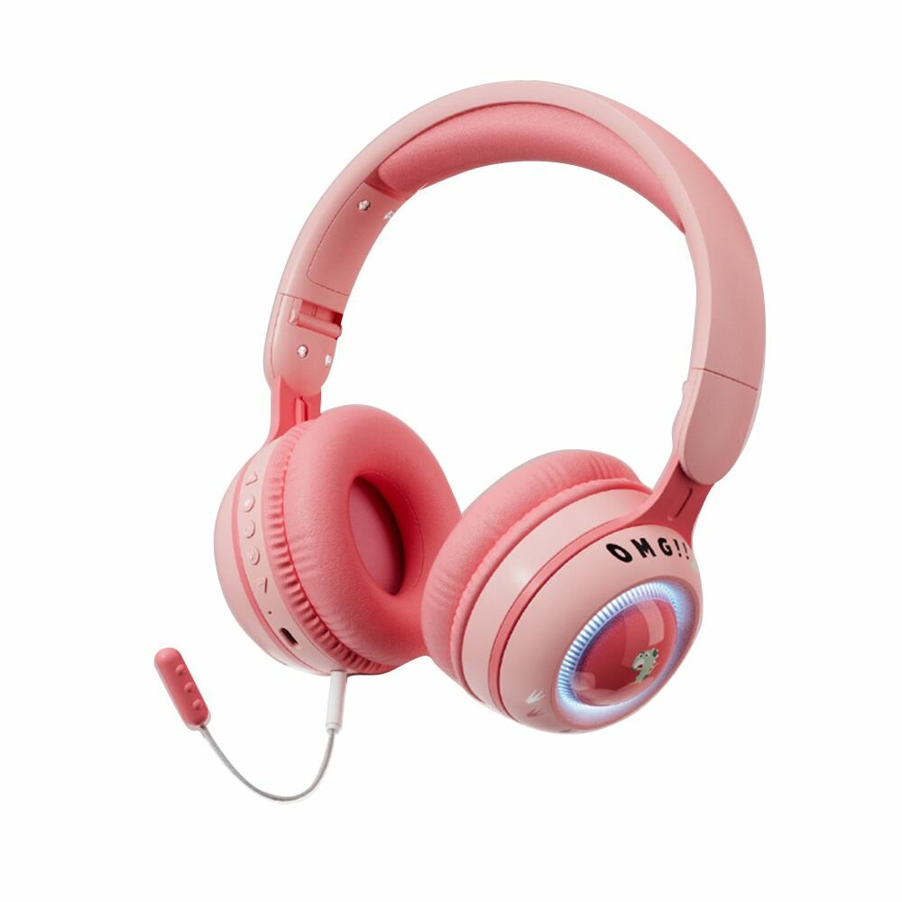 Наушники беспроводные детские KE-21 светящиеся со съемным HD микрофоном, розовые