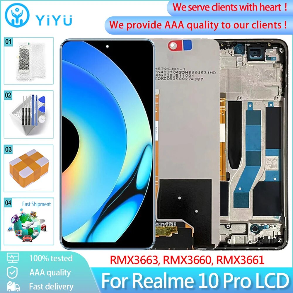 6,72 "для Realme 10 Pro ЖК-экран, дигитайзер в сборе, замена для Realme 10 Pro RMX3663 RMX3660 RMX3661, оригинальный ЖК-дисплей Black No Frame