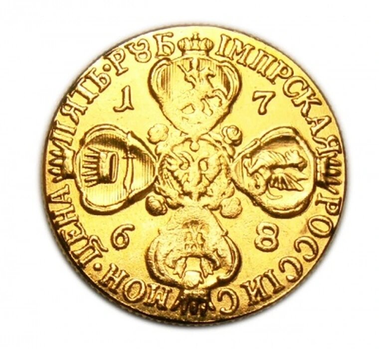 5 рублей 1768 СПБ Без шарфа на шее, золото покрытием, сувенирная копия монеты, нумизматика, деньги для коллекции
