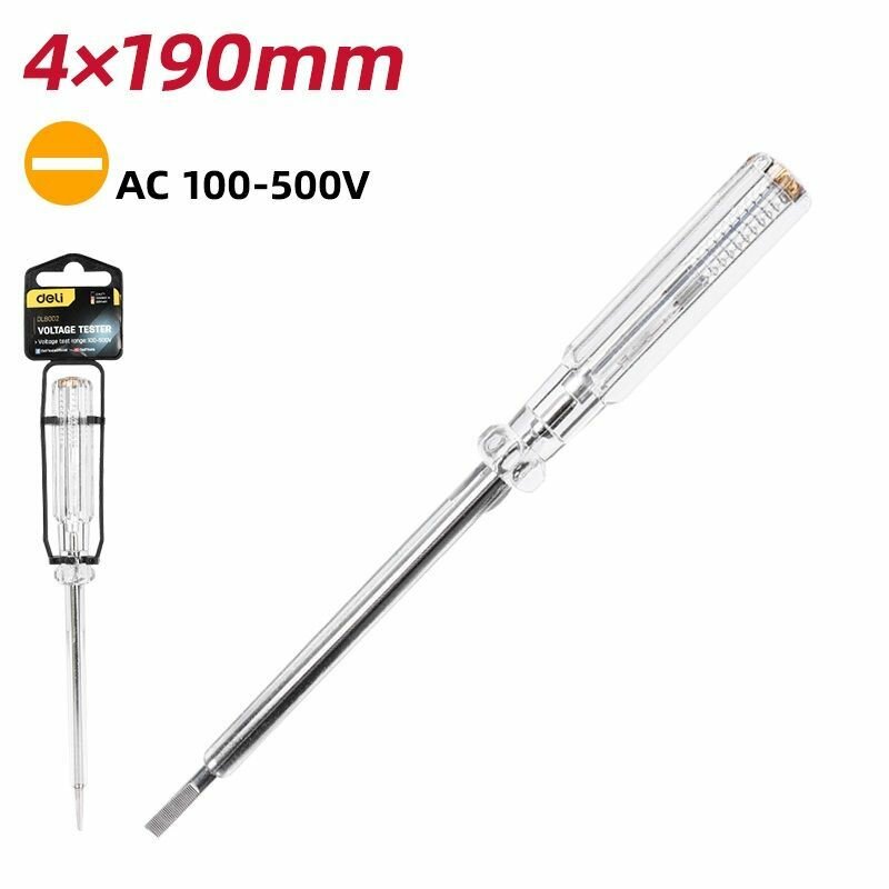 Индикаторная отвертка-тестер напряжения светодиодная Deli DL8002 100-500 В, длина 190мм, батарейки в комплекте