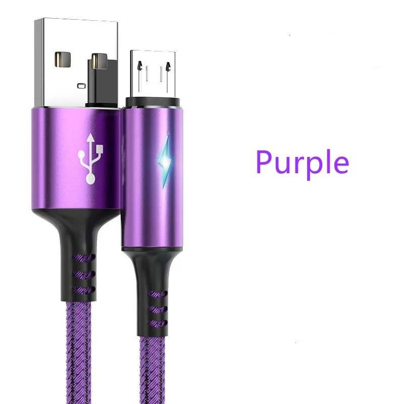 Провод Micro USB со светодиодным индикатором, кабель для быстрой зарядки Huawei Mate 40, Samsung, Xiaomi, Android, Шнур Micro USB, 5 А 2m, Purple Micro USB