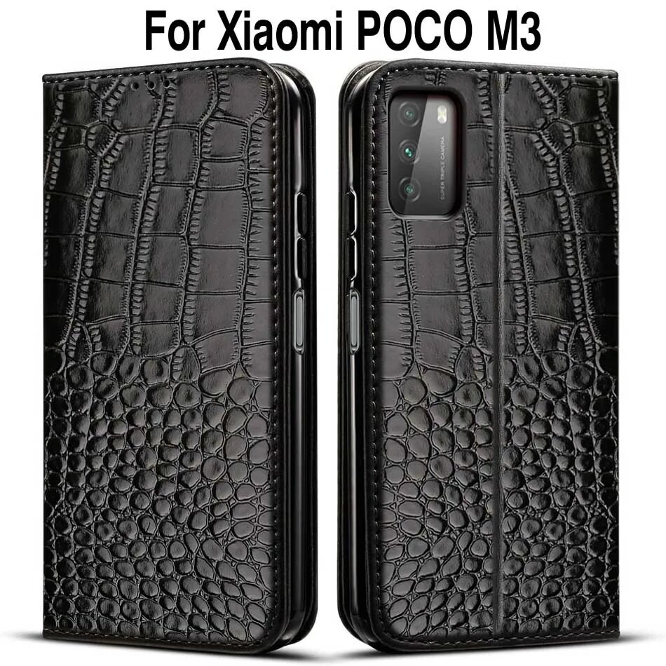 Черный кожаный чехол-книжка для Xiaomi POCO M3