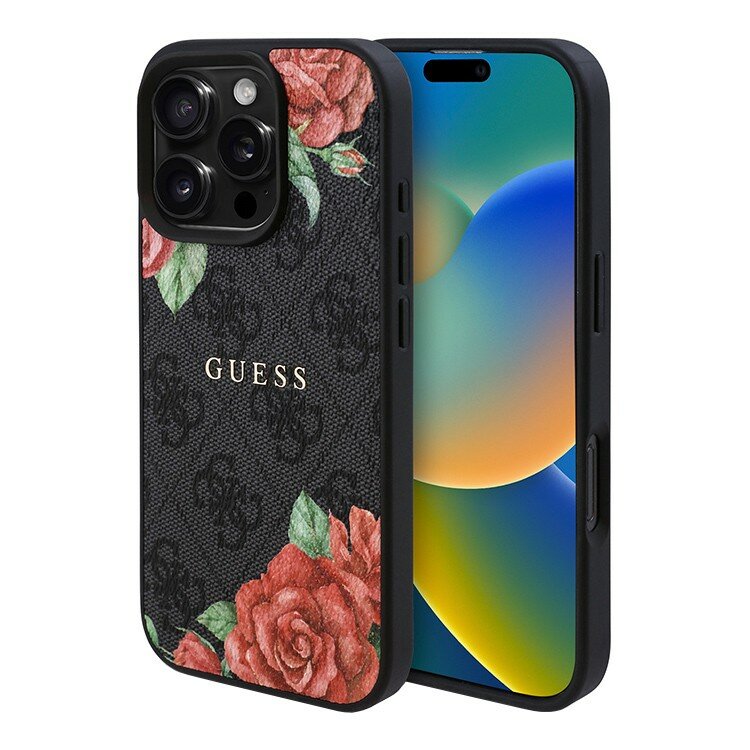 Guess чехол с MagSafe для iPhone 16 Pro, PU кожа Flowers Roses черный