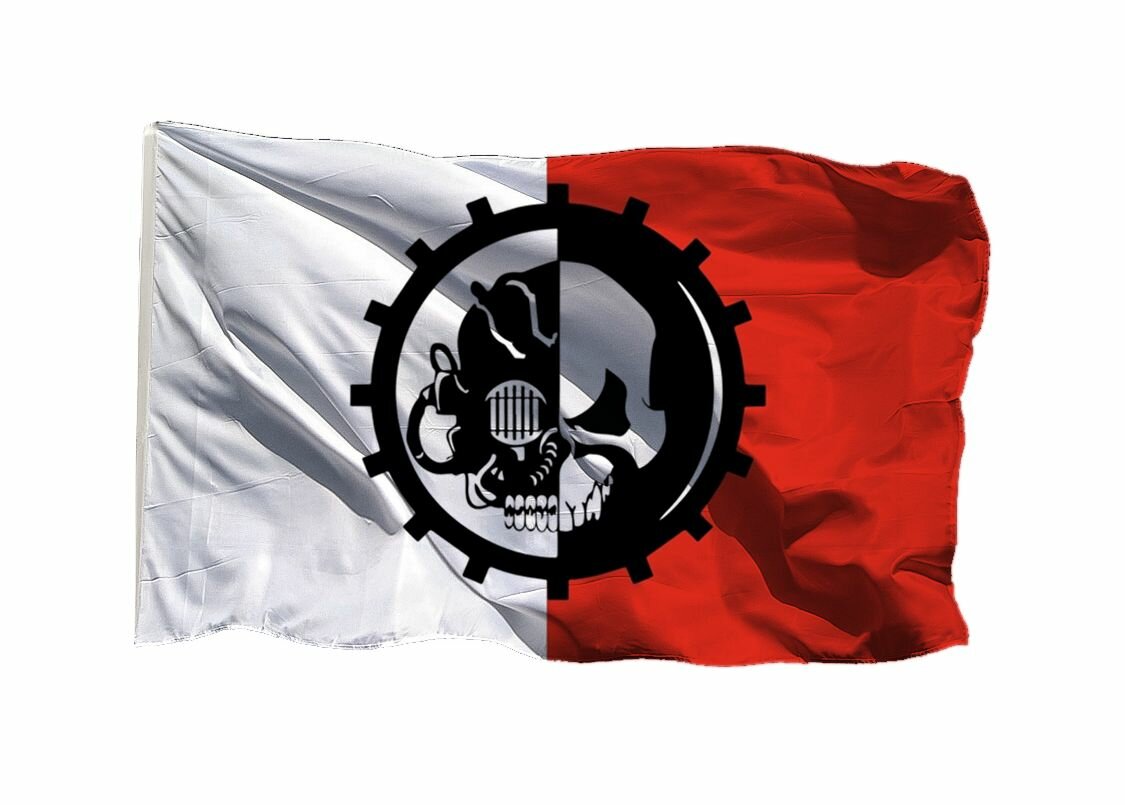 Флаг Адептус Механикус Вархаммер Warhammer 40000 на красном фоне, 90х135 см на сетке для улицы, для флагштока